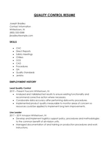 Quality Control Resume Examples Free Templates