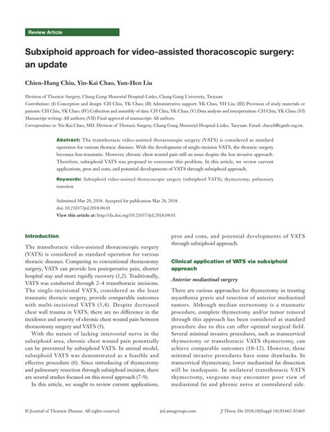 Pdf Subxiphoid Approach For Video Assisted Thoracoscopic Surgery An Update