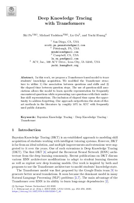 pdf deep knowledge tracing with transformers michael yudelson