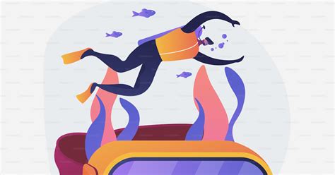 다이빙 스쿨 강사 스쿠버 다이빙 수중 레크리에이션 스노클링 강습 잠수복을 입고 마스크를 쓴 남성 다이버가 아쿠아룽과 함께 수영한다 벡터 격리된 개념 은유 그림 사진