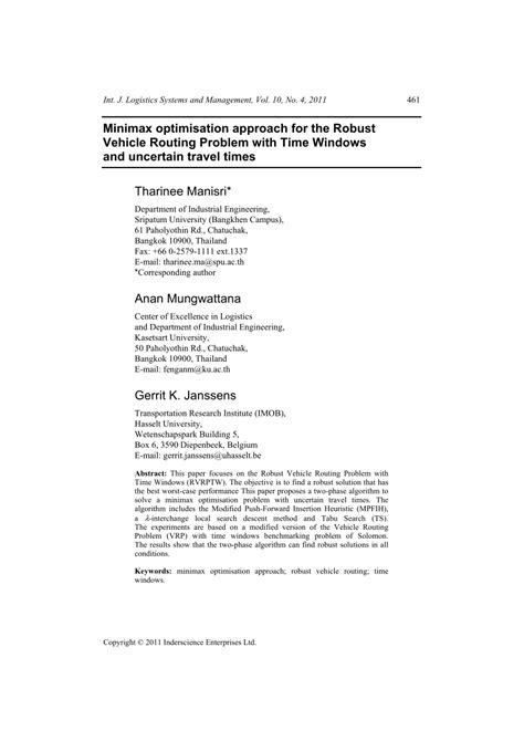Pdf Minimax Optimisation Approach For The Robust Vehicle Routing