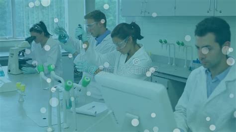 Animation Of Floating White Dots Over Caucasian Scientists Doing