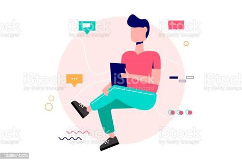 태블릿에서 일하는 남자 멀리서 일하는 개념 온라인 작업 소셜 네트워크에서의 커뮤니케이션 흰색 배경에 격리된 그림입니다 Brand