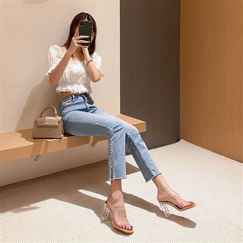 9cm 여성 겉옷 샌들 여름 두꺼운 하이힐 크리스탈 투명 플립 플롭 크기 39