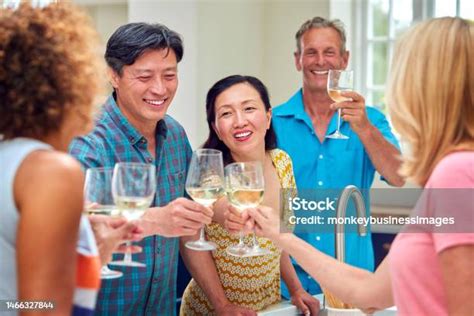연말 연시 아파트에서 음료를 마시기 위한 여름 방학 모임에서 다문화 노인 친구 그룹 50 54세에 대한 스톡 사진 및 기타