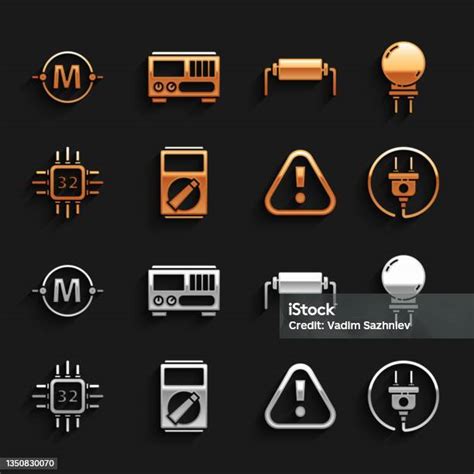 멀티미터 발광 다이오드 전기 플러그 느낌표 삼각형 마이크로회로 Cpu 저항기 전기 계획 및 전기 측정 기기 아이콘프로세서를
