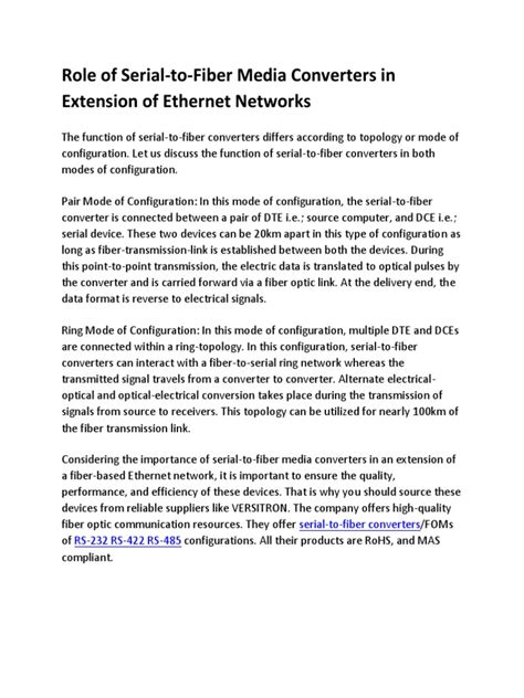 Role Of Serial To Fiber Media Converters In Extension Of Ethernet Networks Pdf Science