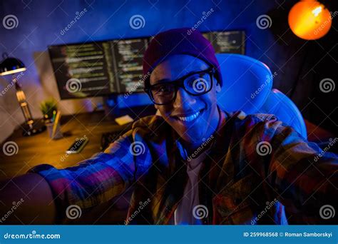 Photo Of Smiling Intelligent Hacker Guy Sit Chair Make Selfie Operating Server Night Shift