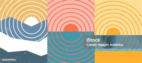 벡터 그림입니다 중반 세기 현대 70 년대 복고풍 펑키 그래픽 그런지 텍스처 미니멀 한 풍경 세트 추상 적 모양입니다 홈 인테리어 포스터 책 표지 엽서에 대한 디자인 요소