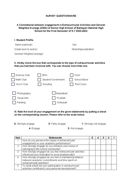 Survey Questionnaire On Extracurricular Activities And Gwa Studocu
