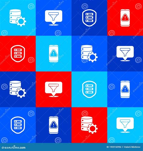 Set Server And Gear Location With Sales Funnel Shield And Mobile Exclamation Mark Icon Vector