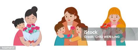 어머니의 날 만화 캐릭터 벡터 일러스트 레이 션 어머니와 딸 아들과 함께 카네이션 세트로 휴일을 축하 가족에 대한 스톡 벡터 아트 및 기타 이미지 Istock