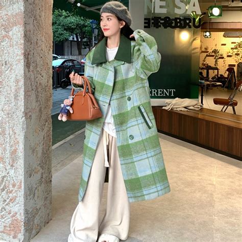 하벨리 체크 코트 겨울코트 루즈핏 카라넥 더블 브레스트 롱코트 Hb124838