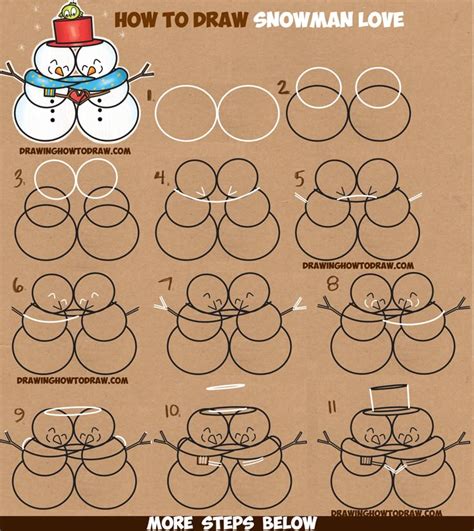 How To Draw 2 Snowmen Hugging Snowmen Couple In Love Easy Step By Step Drawing Tutorial For