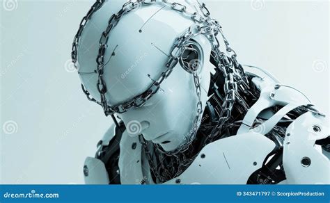 Robotic Figure Bound By Chains Symbolizing Ai Limitations Stock Image