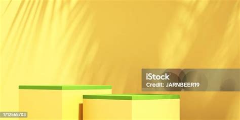 녹색과 노란색 배경에 나무 그림자 여름 배경 3d 렌더링 일러스트레이션이 있는 제품 연단 모형 디스플레이 강단에 대한 스톡 사진 및 기타 이미지 Istock