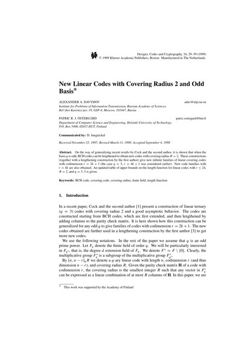 Pdf New Linear Codes With Covering Radius 2 And Odd Basis