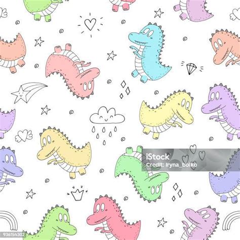 재미 있는 공룡 귀여운 완벽 한 패턴입니다 벡터 일러스트 레이 션 공룡에 대한 스톡 벡터 아트 및 기타 이미지 공룡 귀여운