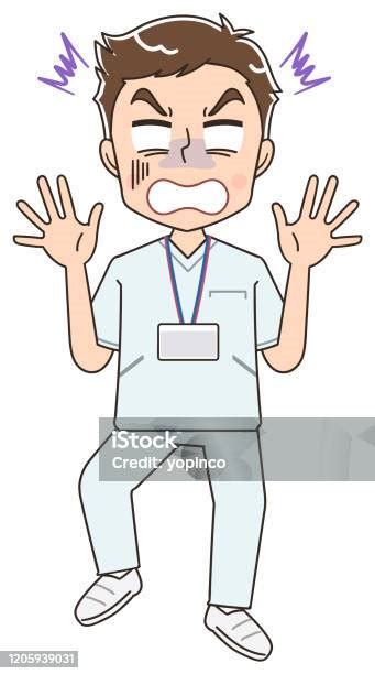 희끄무레한 유니폼을 입은 젊은 간호사 그는 긍정적 인 감정을 가지고있다 간호사에 대한 스톡 벡터 아트 및 기타 이미지 간호사 건강관리와 의술 과로 Istock