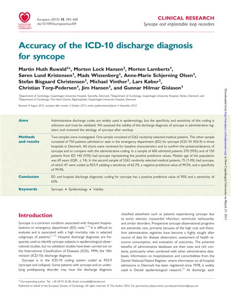 Pdf Accuracy Of The Icd 10 Discharge Diagnosis For Syncope
