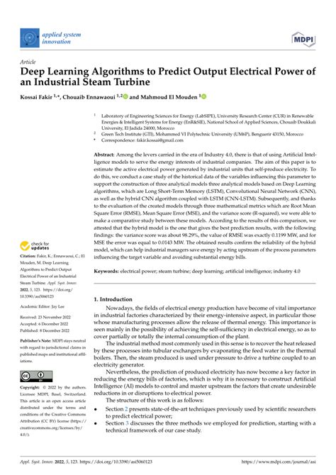 Pdf Deep Learning Algorithms To Predict Output Electrical Power Of An Industrial Steam Turbine