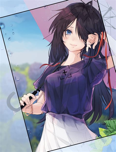 Safebooru 1girl Ahoge Bangs Black Hair Blue Eyes Blue Shirt Blurry