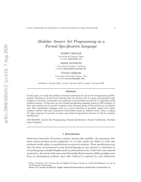 Modular Answer Set Programming As A Formal Specification Language Deepai