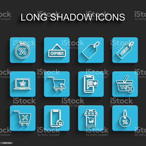 세트 라인장바구니 모바일 및 스톱워치 퍼센트 할인 태그 커서 바구니 및 아이콘이 있는 쇼핑 제거 벡터 가격에 대한 스톡 벡터 아트 및 기타 이미지 Istock