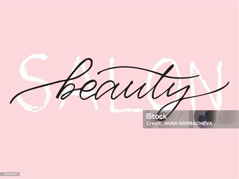 핑크 바탕에 뷰티 살롱 손 레터링 로고입니다 스티커 배너 포스터 잡지 미용실 및 뷰티 살롱을 위한 디자인 인쇄 벡터