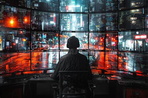 Tech Developer Coding On Multiple Monitors Stock Image Image Of