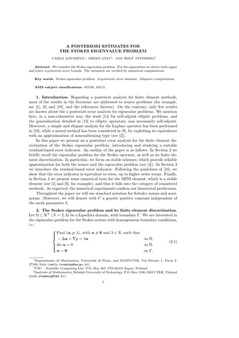 Pdf A Posteriori Estimates For The Stokes Eigenvalue Problem
