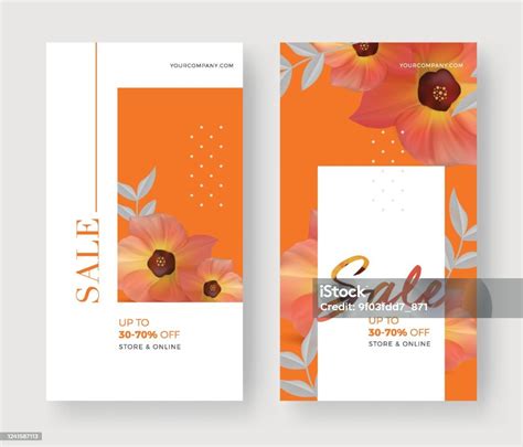꽃과 잎 배경 여름 판매 배너 세트입니다 수직 템플릿 레이아웃입니다 온라인 쇼핑 화장품 오렌지 색상입니다 벡터 부당 0명에 대한