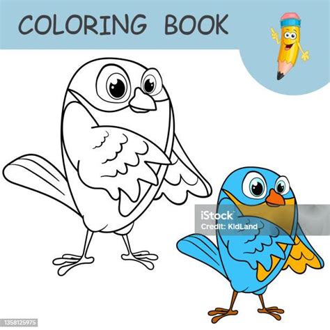 สมุดระบายสีกับตัวละครสนุกนก ตัวอย่างไม่มีสีและสีนกหรือนกแก้วในหน้าระบายสีสําหรับเด็ก ก ภาพประกอบ