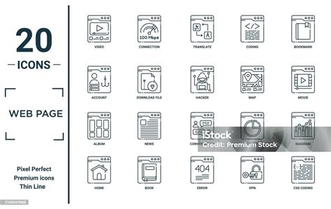 웹 페이지 선형 아이콘 집합입니다 얇은 라인 비디오 계정 앨범 홈 Css 코딩 해커 보고서 프리젠 테이션 다이어그램 웹 디자인에 대한 다이어그램 아이콘을 포함합니다 0명에