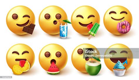 이모티콘 먹는 문자 벡터 세트입니다 이모티콘은 이모티콘을 먹고 얼굴 컬렉션 디자인을 마시는 흰색 배경에 고립 된 과일과 디저트와 같은 음식을 먹고 마시는 3d 이모티콘에