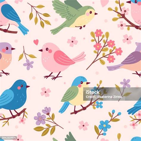 귀여운 봄 노래하는 새와 꽃의 완벽 한 패턴입니다 벡터 그래픽 계절에 대한 스톡 벡터 아트 및 기타 이미지 계절 귀여운 그래픽 프린트 Istock