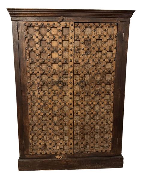 1990s Vintage Indian Teak Wood Door Corner Cabinet Armoire Tv Stand In