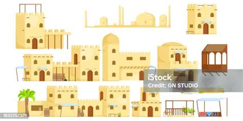 이슬람 골동품 건물의 세트입니다 아라비아 도시 풍경 건축 만화 모스크 고대 전통 도시 아랍 집 역사적인 정통 중동 종교 도시 벡터 일러스트 레이 션 0명에 대한 스톡 벡터