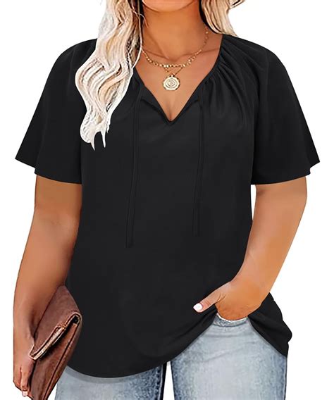 Tiyomi Ladies Plus Size 4x Black Blouses Tops V Neck Drawstring Blouses