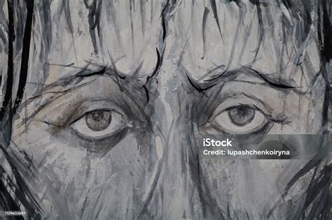 현대 유행 그림 일 아트의 원래 흑백 톤에 그의 모습에 고뇌와 슬픔 수채화 가로 흑백 초상화 인상파 고통을 고통 스러운 남자는 남자의 얼굴을 그림 남자에 대한 스톡 벡터