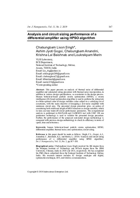 Pdf Analysis And Circuit Sizing Performance Of A Differential Amplifier Using Hpso Algorithm