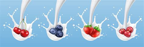 우유 크림 또는 요구르트 액체 스플래시 컬렉션 딸기 크랜베리 블루 베리 및 밝은 파란색 배경에 체리 3차원 형태에 대한 스톡 벡터 아트 및 기타 이미지 Istock