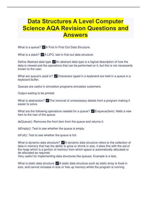 Data Structures A Level Computer Science AQA Revision Questions And Answers A Level Computer