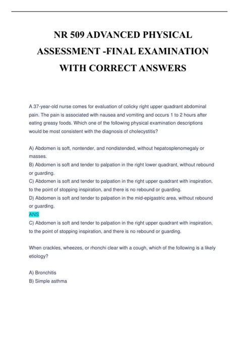 Nr 509 Advanced Physical Assessment Final Examination With Correct