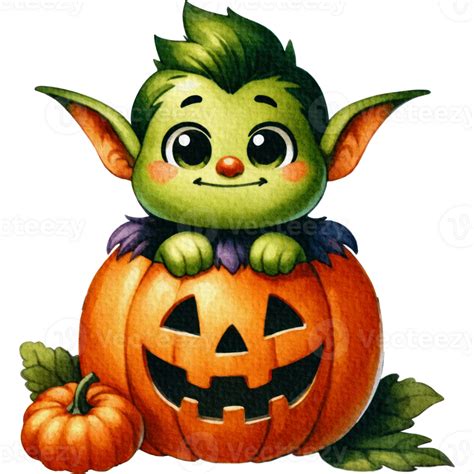 Goblin Sitting In Big Pumpkins Halloween Adorable Watercolor Nursery