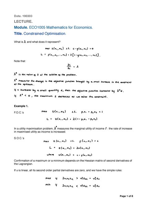190303 Eco1005 5 Lect B Constrained Optimisation Date 190303 Lecture