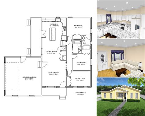 1200 Square Foot Three Bedroom Two Bathroom Floor Plan Ranch Style One
