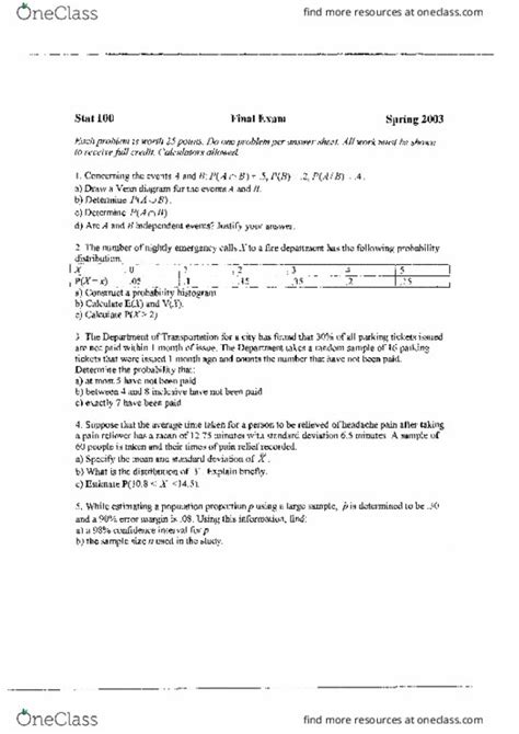 Stat 100 Final Final Exam Oneclass