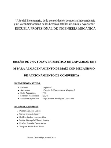 Diseño De Una Tolva Prismática De Capacidad De 5 M3 Para Almacenamiento