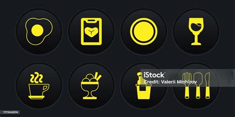 커피 컵 와인 잔 아이스크림 그릇 샴페인 얼음 양동이 접시 레스토랑 카페 메뉴 포크 숟가락 나이프 스크램블 에그 아이콘 세트 벡터 검은색에 대한 스톡 벡터 아트 및 기타